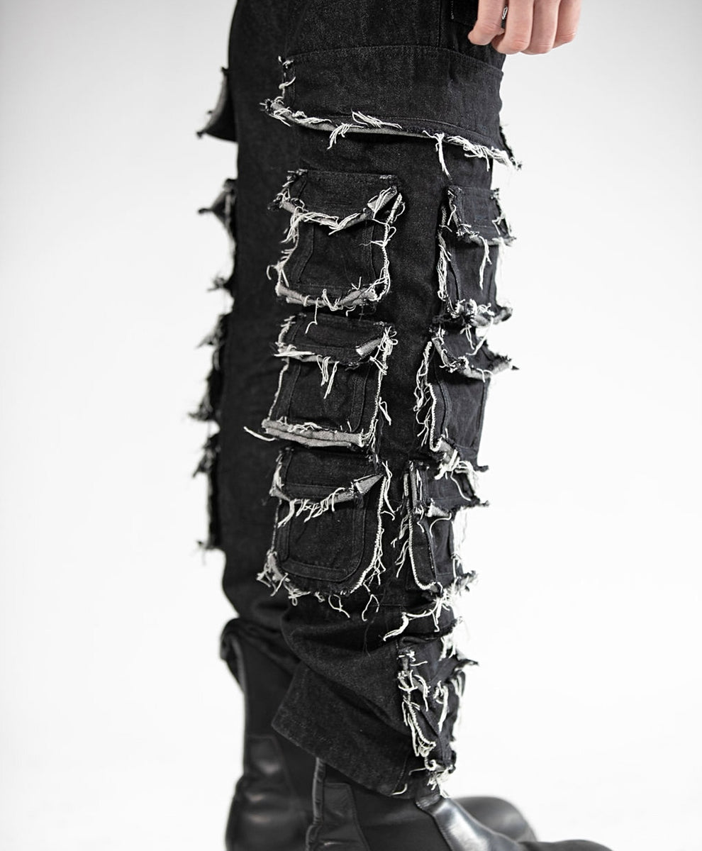 UNRAVELED DISTRESSED CARGO PANTS WASHED BLACK – SXVSU